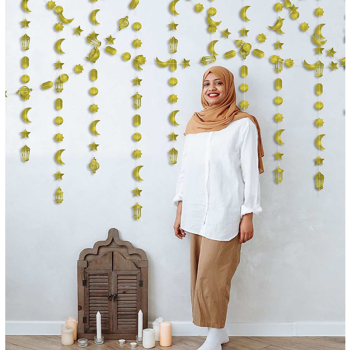 JKQ 4 Strings Gold Ramadan Mubarak Hanging Decorations Moon Star Lantern Muslim Ramadan Kareem Streamer Garlands Islamic Eid Mubarak Festival Celebration Wedding Birthday Party Ceiling Decorations