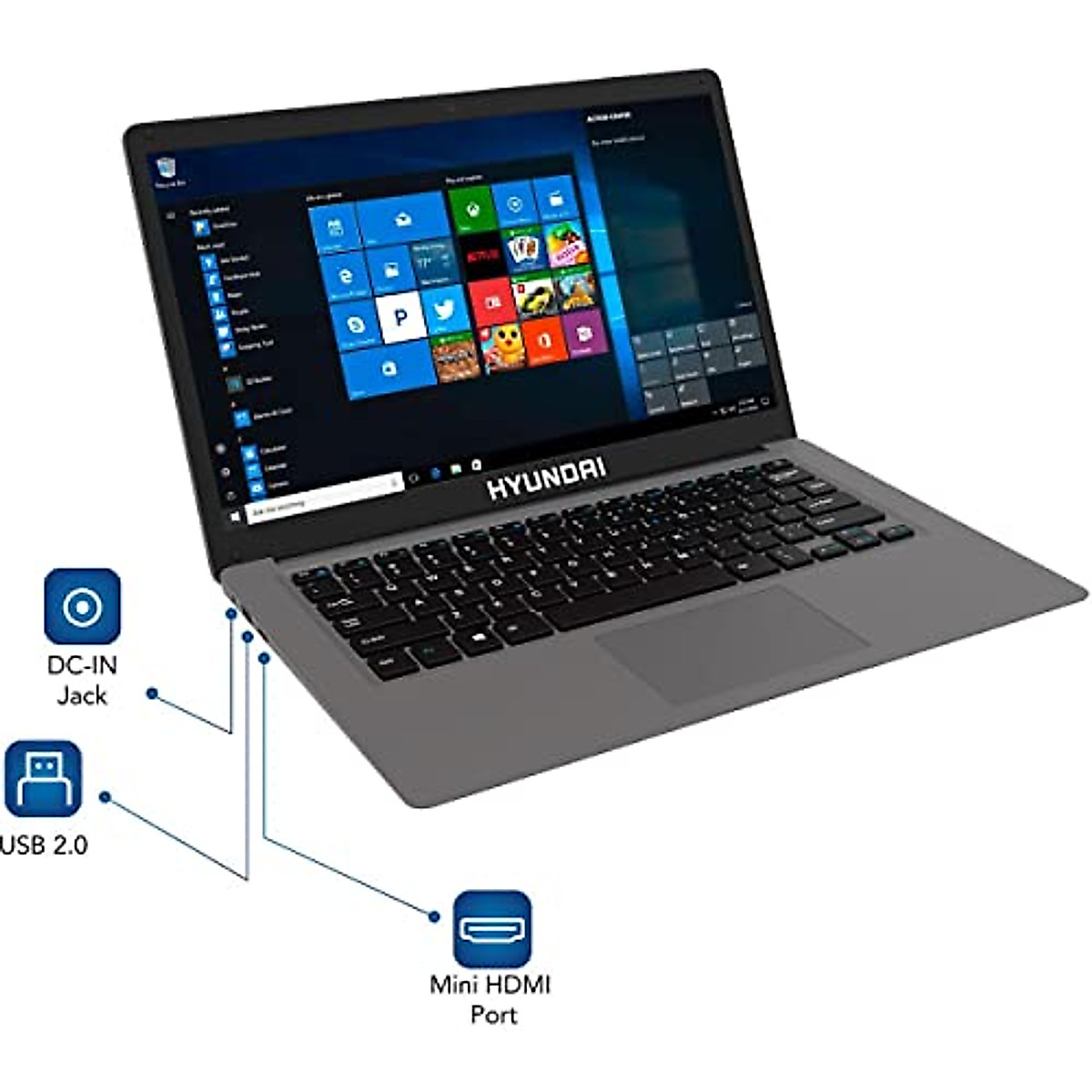 HYUNDAI 14" Notebook 4GB RAM, 128GB SSD, Windows 10 Pro Laptop, Intel Celeron N4020, 14.1" Inch IPS Display, Expandable Storage, WiFi & Bluetooth - Grey