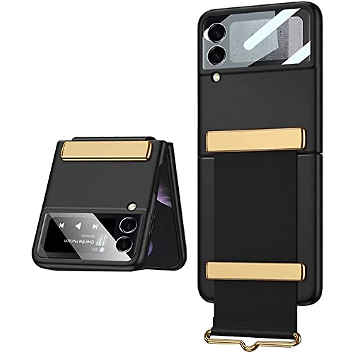 EAXER for Samsung Galaxy Z Flip 4 5G Case, Luxury Slim Hard PC Folding Case Cover Waistband Premium Hard PC Case with Strap Clips All-Round Shockproof Protective Case Cover (Black)