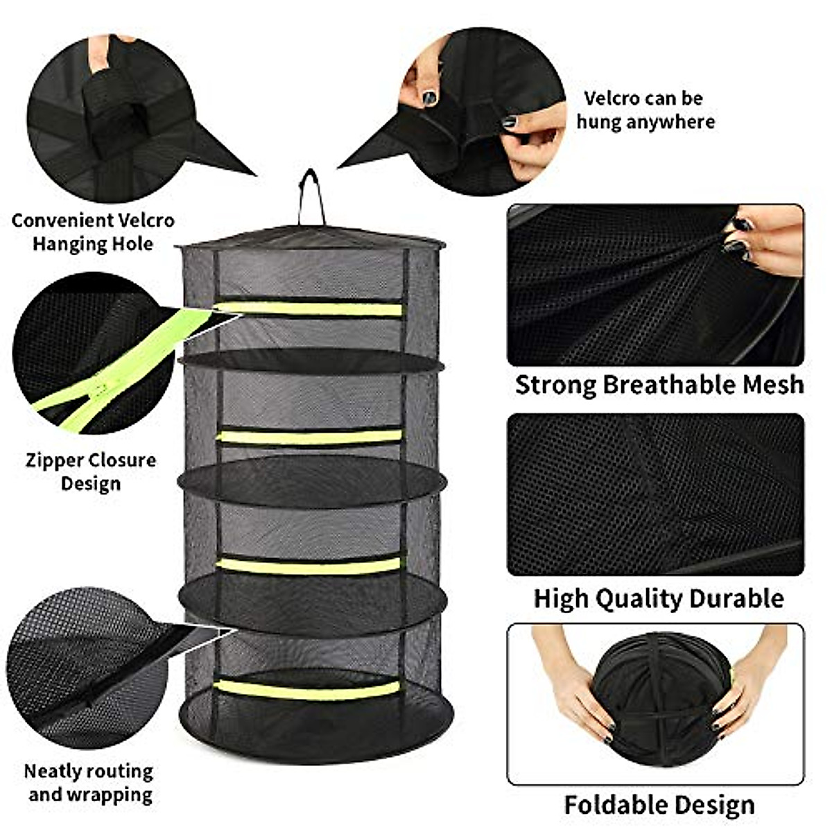 MVIFDUSGS Herb Drying Rack Net 4 Layer Black Mesh Drying Rack Hanging Drying net with Pruning Shears for Hydroponics (D24xH29.92inch)