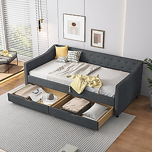 ACQCA Twin Size Daybed with Storage, Upholstered Day Bed Frame with 2 Drawers and Button Tufted Backrest,Wood Slat Support,No Box Spring Needed,Dark Grey