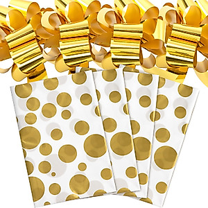 4 Pieces Plastic Multi-Color Dot Bags (36 x 48 Inch) with 4 Pieces Pull Flowers Large Packaging Wrapping Present Bags for New Parents Baby Shower Birthday Wedding Christmas Engagement Party (Golden)