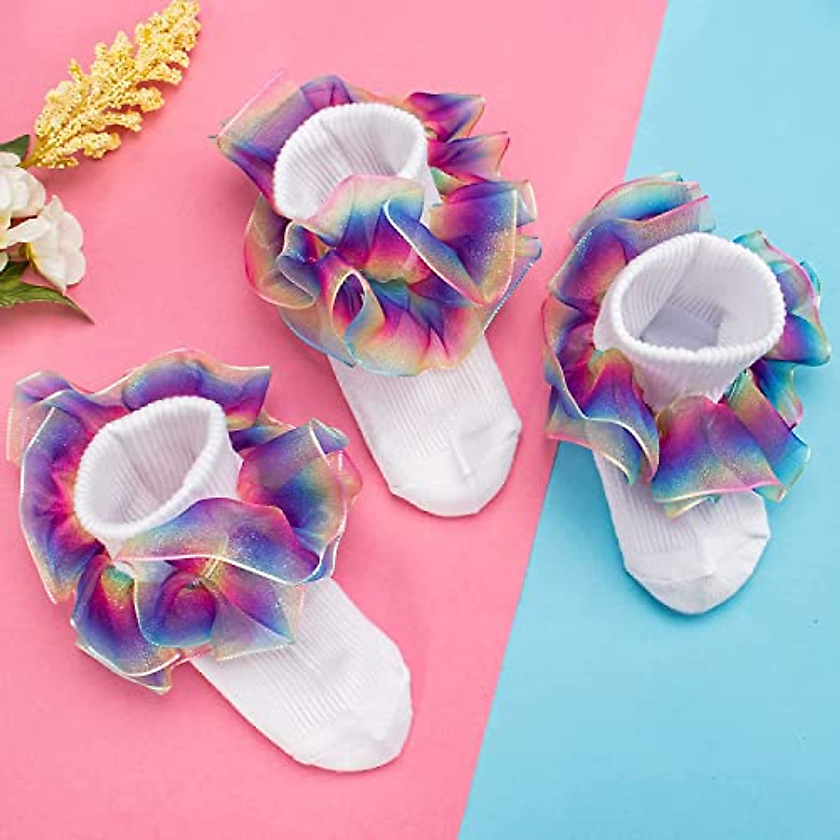 Hopply Baby Girls Ruffle Rainbow Socks Toddler Princess Ankle Lace Socks Infant Kids Big Double Lace Frilly Trim Dress Socks