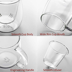 JPPSUJJ Glass Tea Cup with Infuser and Lid, Steeping Mug with Removable Strainer and Lid for Loose Leaf Tea, Borosilicate Glass Mug for Blooming Tea (Clear, 17.6 oz Capacity)