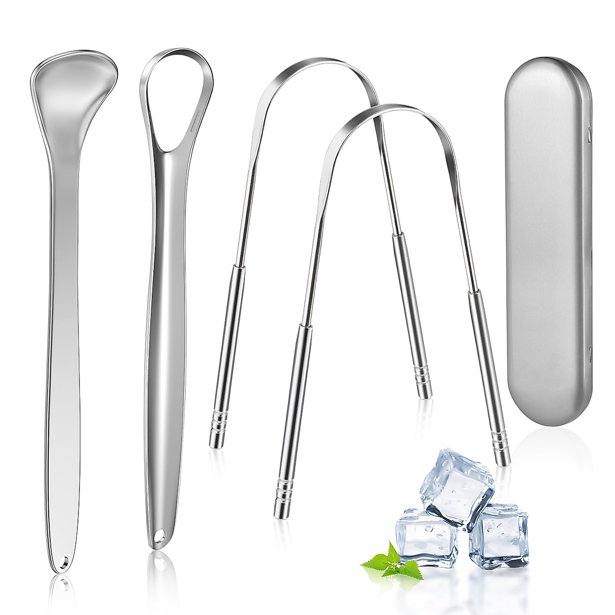 MORGLES Metal Tongue Scraper, 4 Pcs Tongue Cleaners with Case for Adults