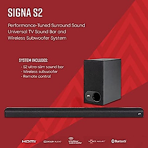 Polk Audio Signa S2 Ultra-Slim TV Sound Bar | Works with 4K & HD TVs | Wireless Subwoofer | Includes HDMI & Optical Cables | Bluetooth Enabled, Black