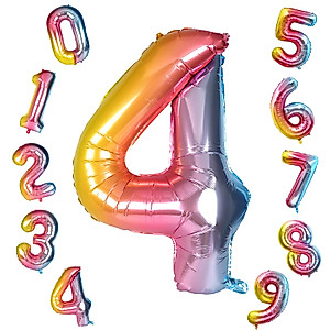 RUBFAC Number Balloons 40 Inch Large Rainbow Gradient Number 4 Balloon, 0-9 Huge Colorful Digit Foil Mylar Helium Balloons for Happy 4th 14th 24th 34th Birthday Decorations Baby Shower Party Supplies
