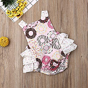 Lamuusaa Newborn Baby Girls Fly Sleeve Ruffled Romper Colorful Doughnut Bodysuit Jumpsuit Headband Summer Outfit 0-24M (6-12M, Pink)