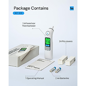 Femometer Family Ear Thermometer, Highly Accurate Ear Thermometer for Kids, Adults and Babies, 30 Memory Recall, 1s Result and 3-Color Fever Alert, with 24 Disposable Probe Covers, White