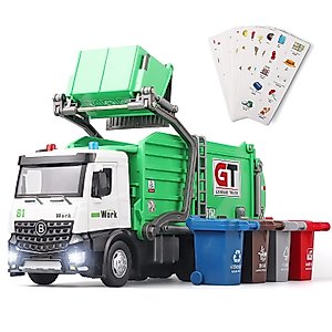 OANMYJJO Metal Diecast Garbage Truck - Friction Powered with Light & Sounds, Front Loader Dumpster, Boys Age 4-7