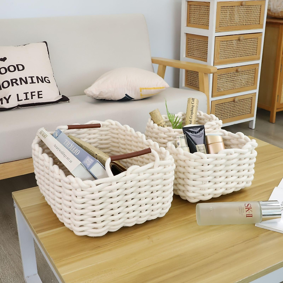 JJSQYLAN Cotton Rope Blanket Storage Basket for shelf,small decorative woven basket Organization and storage for Candy Food Nursery Baby Clothes Towels Diaper Caddy Books (Set of 3, White)