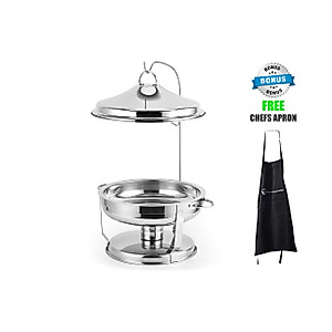 6 Qt Round Chafing Dish With Hanger Stainless Steel Chafer Set And Apron, Buffet Food Warmer Durable, Shiny Silver, Keeps Food Warm In All Catered Events