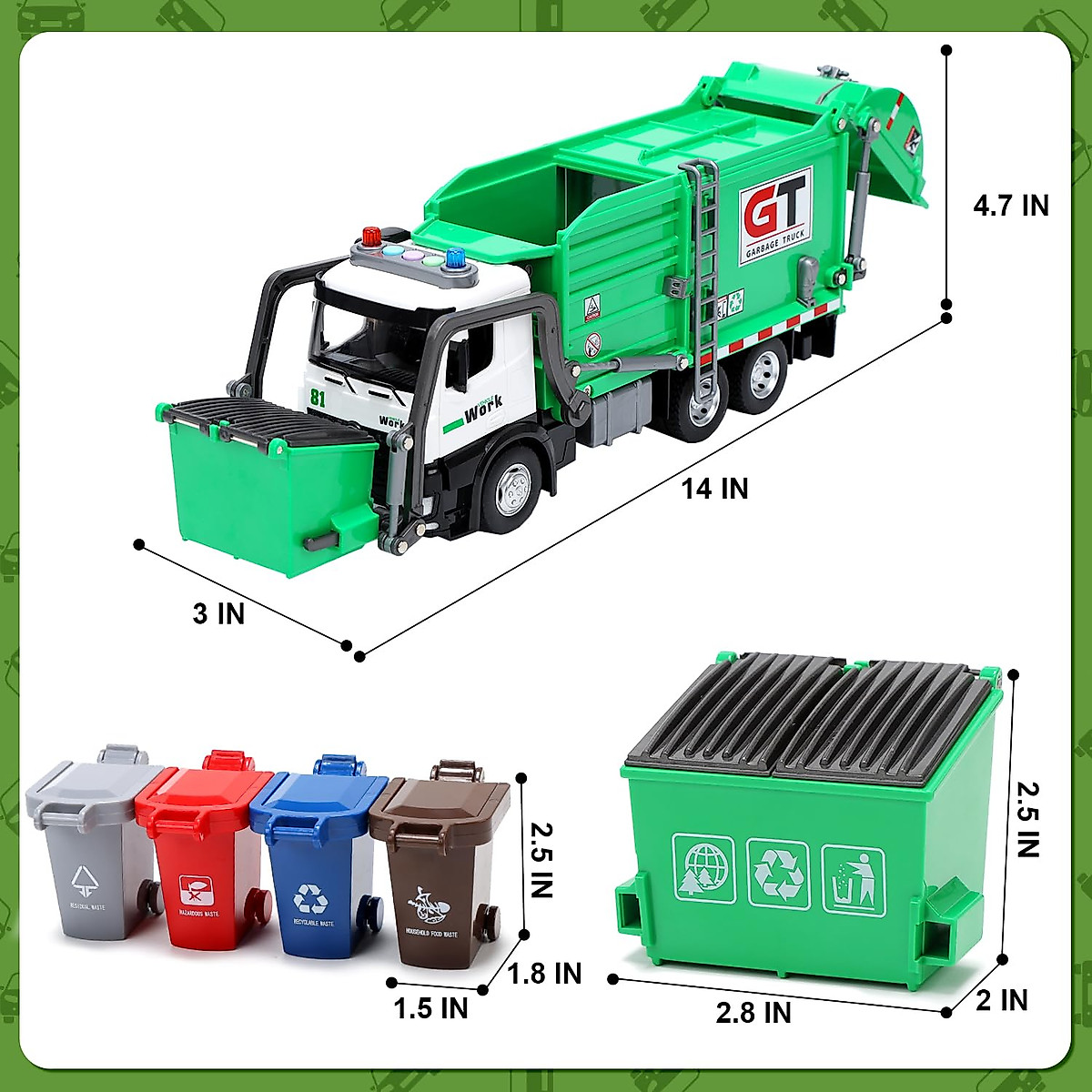 HOLYFUN Garbage Truck Toys Trash Truck with Sound and Light, Friction Powered Truck with 5 Garbage Cans, Push and Go Pull Back Car, for Boys