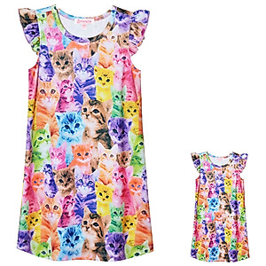 QPANCY Cat Nightgown for American Girls Matching Kids & Dolls 18 inch Pajamas 8 9