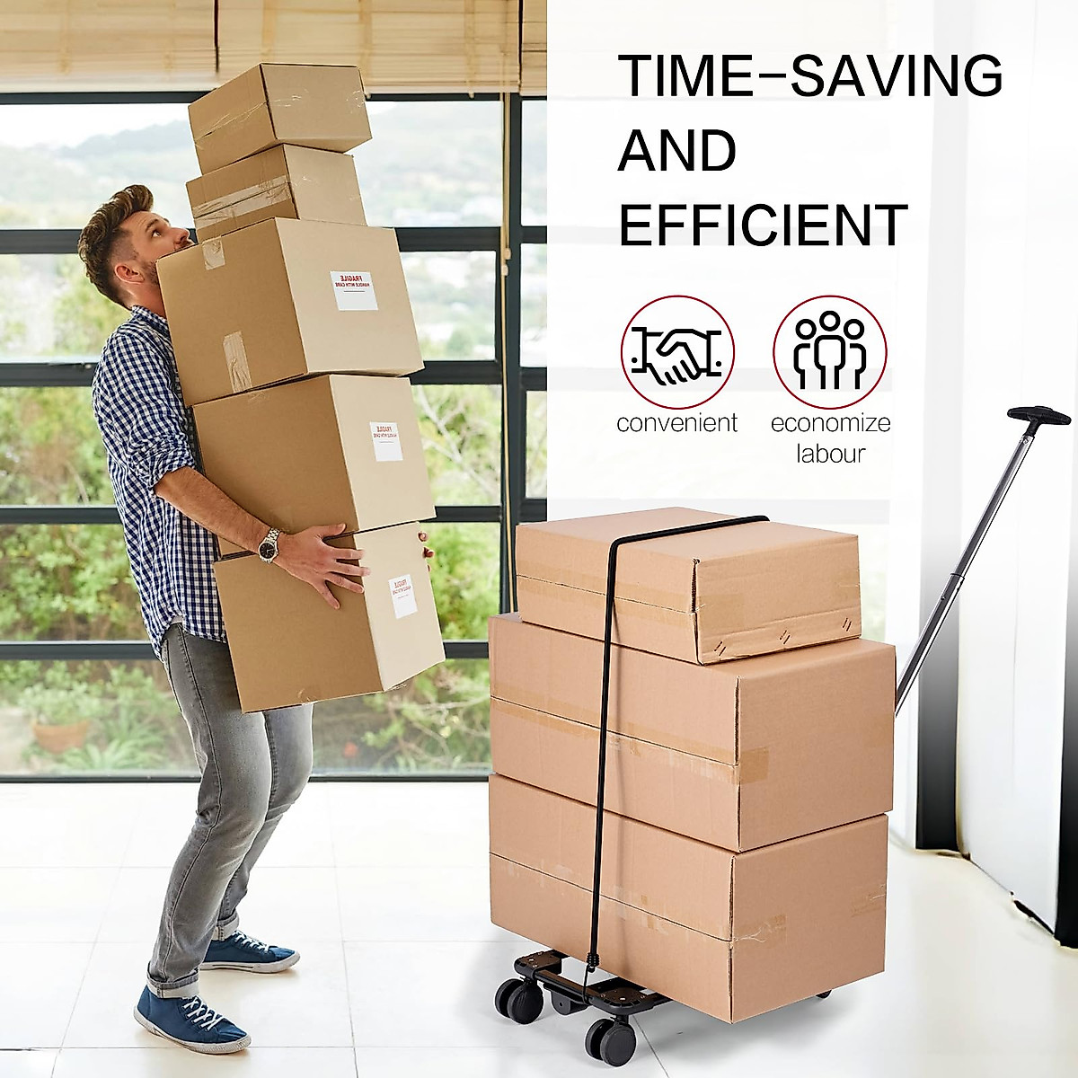 yookee home Small Hand Truck with 2 Ropes Folding Hand Truck Dolly Cart Collapsible Cart Heavy Duty Moving Dolly Portable Trolley for Luggage, Travel, Moving, Shopping, Office Use, Black