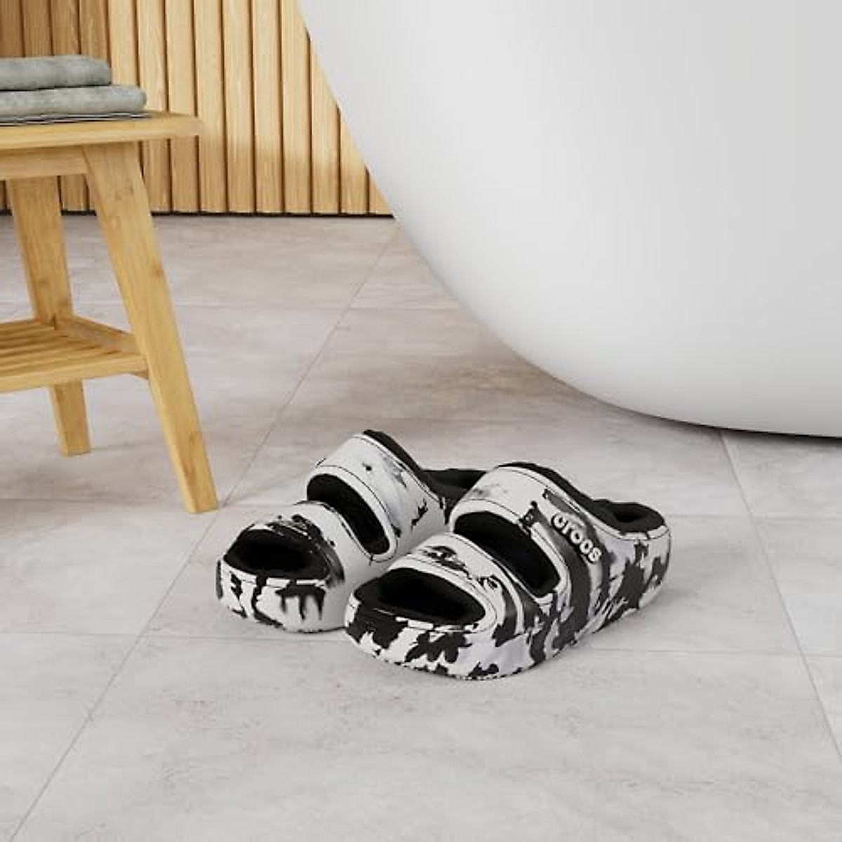 Crocs Unisex Classic Cozzzy Platform Sandals | Fuzzy Slippers Slide, Black/White,7 Women/5 Men