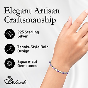 Belinda Jewelz - Birthstone Bolo Bracelet, Birthstone Bracelet with 6 Square-Cut Stones, 925 Sterling Silver Amethyst Bracelet for Women, Stackable Amethyst Jewelry with Bolo Closure, 11”