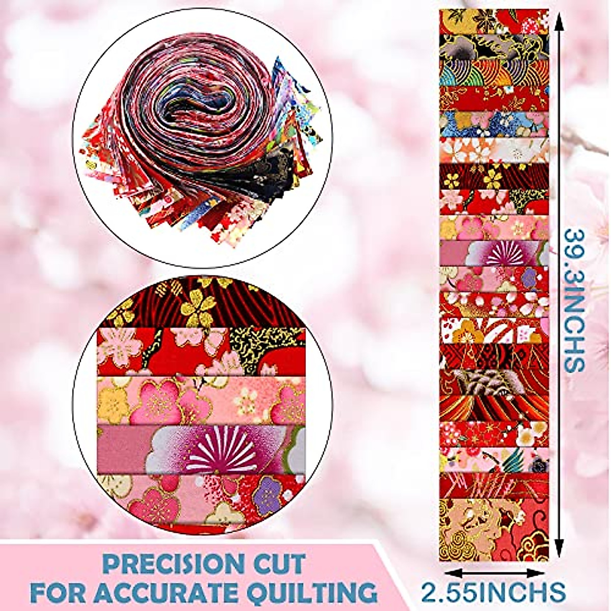 40 Pcs Japanese Jelly Cotton Fabric Patchwork Roll, 2.55 Inch Roll Up Cotton Fabric Quilting Strips, Jelly Fabric Patchwork Craft Cotton Fabric for Quilters and Sewing DIY Crafts (Japanese Style)
