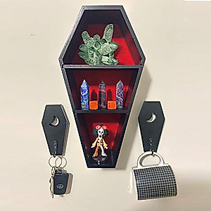 Ella & Emma Wall Mounted Coffin-Shaped Key Holder - Gothic Home Decor Wall Hanger with Hook - Wall Coffin Key Holder with Crescent Moon Cutout - Gothic & Spooky Halloween Decor for Home - 2 Pieces