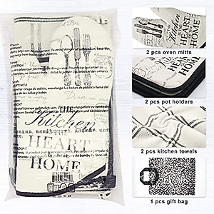 Warome Oven Mitts and Pot Holders Sets, 572°F Heat Resistant Oven Mitts with Soft Cotton Kitchen Towels, Multi-Function Kitchen Potholders with Pockets, Cute Hot Pads and Long Oven Mitts(6pcs)