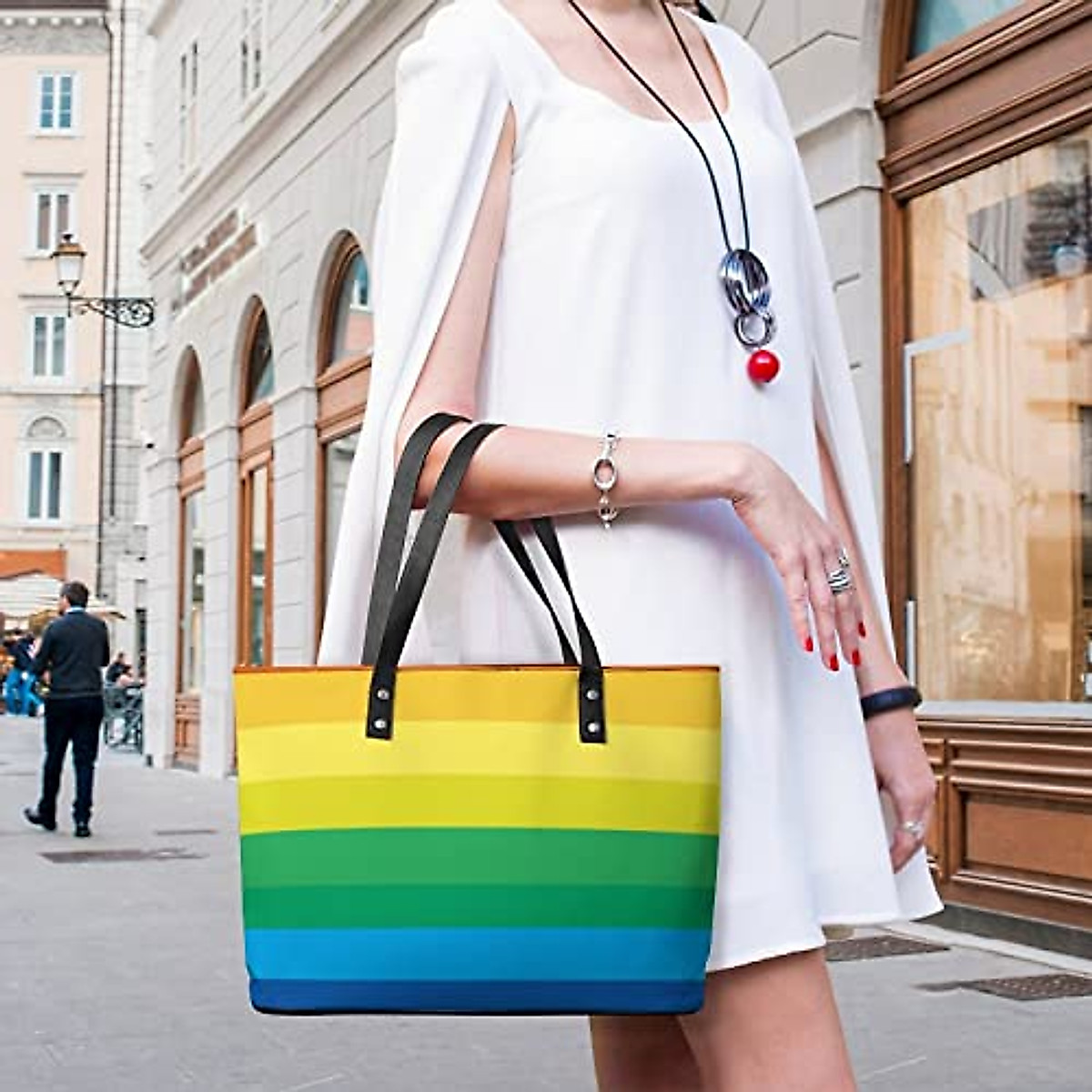 Womens Handbag Rainbow Striped Texture Leather Tote Bag Top Handle Satchel Bags For Lady