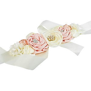 Lujuny Floral Bridal Maternity Sash Belt – Flower Ribbon Tie for Women Girls Wedding Pregnant Baby Shower Party Photoshoot (Beige Pink)