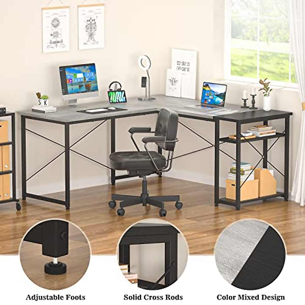 Foxemart L-Shaped Computer Desk, Industrial Corner Desk Writing Study Table with Storage Shelves, Space-Saving, Large Gaming Desk 2 Person Table for Home Office Workstation, Gray Oak and Black