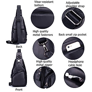BULLCAPTAIN Leather Men Sling Bag Casual Crossbody Chest Bags Travel Daypack (Black)