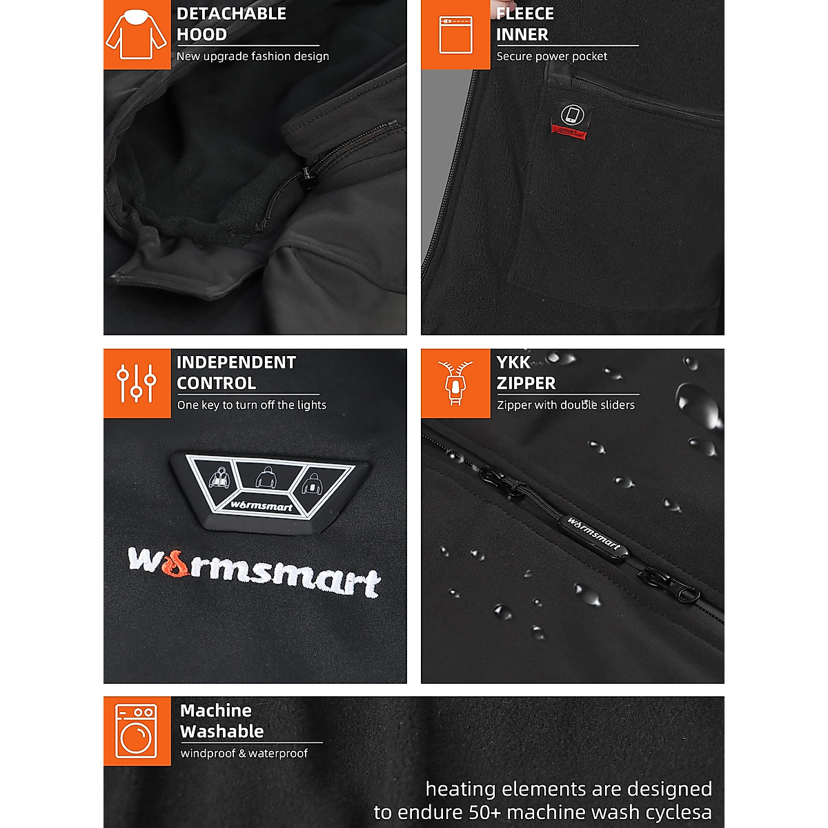 warmsmart Heated jackets for Men Women with 14400mAh Battery Pack, Heated Coats with Detachable Hood Windproof