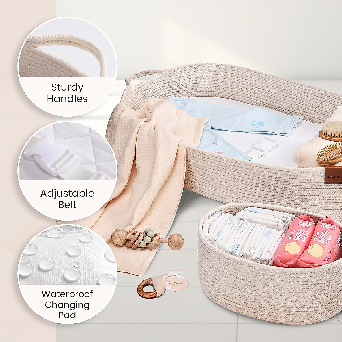 Baby Changing Basket for Baby Dresser, Moses Basket for Babies, Cotton Rope Diaper Changing Basket, Unisex Baby Moses Basket, Foam Diaper Changing Pad for Dresser, Changing Table Topper for Dresser
