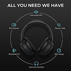 phonicgrid SE7 Hybrid Active Noise Cancelling Headphones, Bluetooth Wireless Headphones, Over Ear Bluetooth Headphones with ENC Clear Calls, Deep Bass, Bluetooth 5.1, 30Hrs for Talk/Music/Work, Black