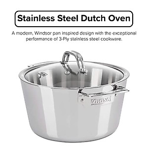 Viking Culinary Contemporary 3-Ply Stainless Steel Dutch Oven, 5.2 Quart, Includes Glass Lid, Dishwasher, Oven Safe, Works on All Cooktops including Induction