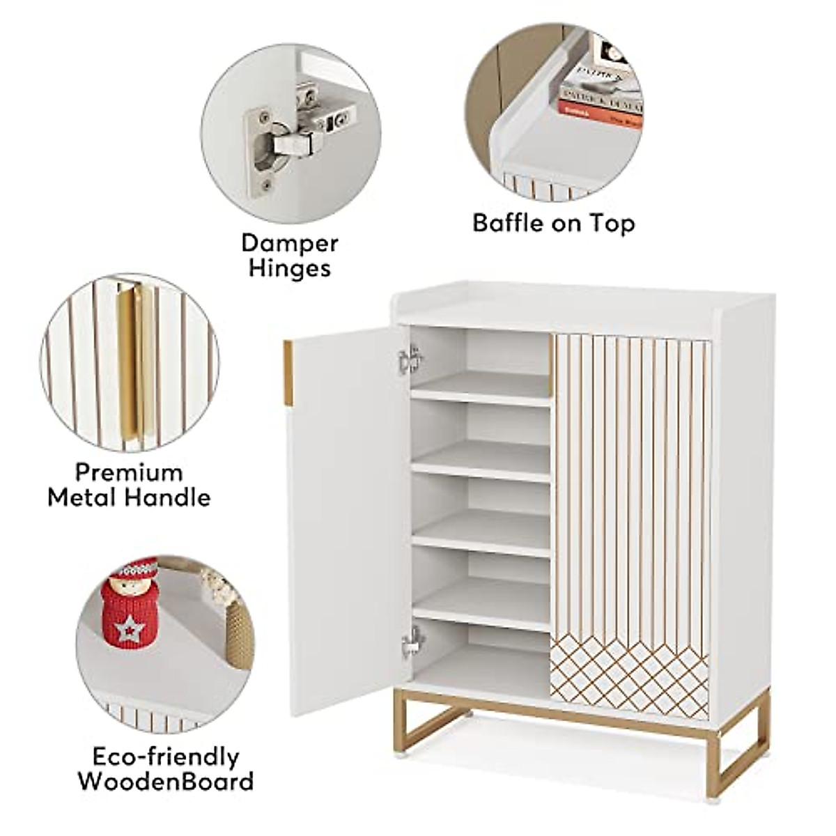 Tribesigns White Shoe Cabinet, 25 Pair Shoe Cabinets with Doors, 5-Tier Modern Shoe Rack Organizer Cabinet, Freestanding Wood Shoe Storage Cabinet with Gold Metal Frame for Bedroom Hallway Living Room