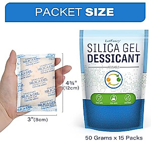 LotFancy Silica Gel Packets, 50 Gram 15 Packs Rechargeable Desiccant Packs for Storage, Moisture Absorber Drying Bags with Orange Indicator, Non-Toxic