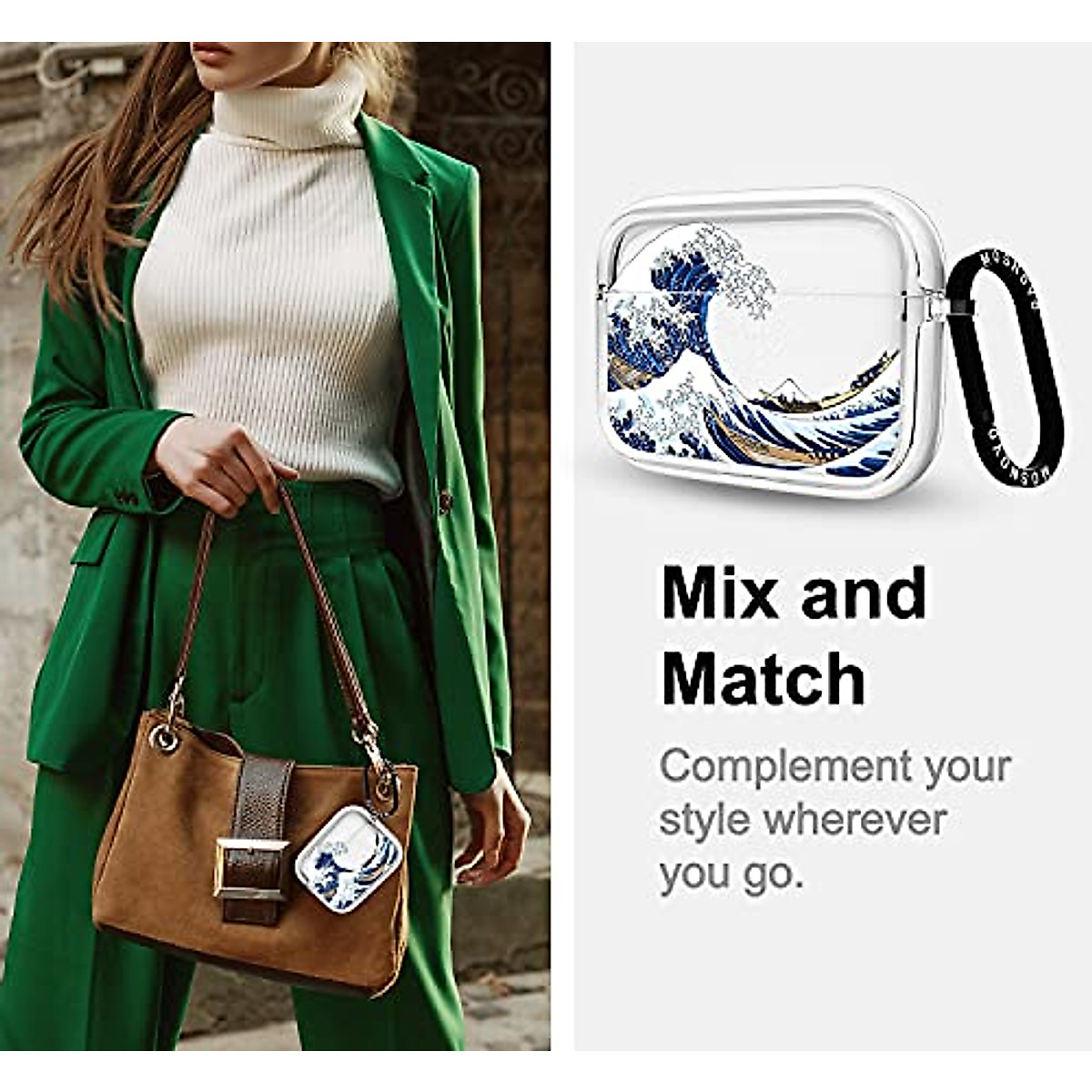 MOSNOVO AirPods Pro Case, Apple AirPods Pro Case, Cool Tokyo Wave Clear Case Design with Luxe Metal Ring Shockproof Protective Cover Case for AirPods Pro