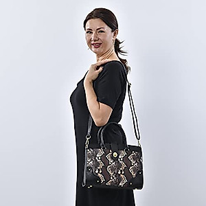 Shop LC Women Black & Brown Snake Skin Print Leather Convertible Tote Bag with Zipper Closure Detachable Strap Handbag