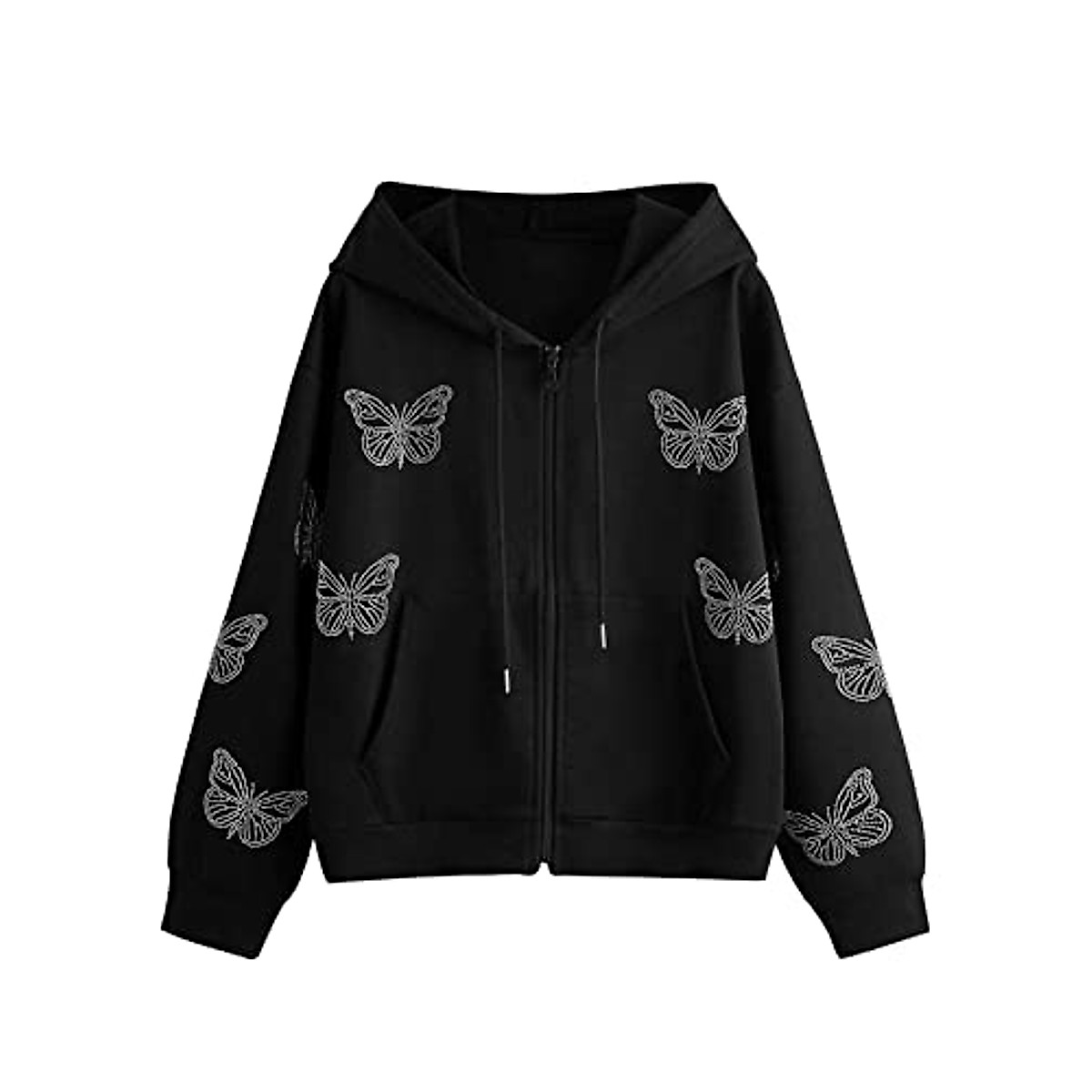 SweatyRocks Women's Butterfly Rhinestone Zip Up Hoodie Black L