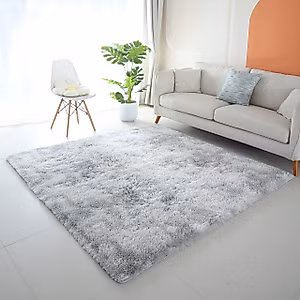 HOUSERAN Shag Area Rug 6’x6' Tie Dyed Grey, Plush Fluffy Fur Rug for Living Room, Square Carpet for Bedroom, Soft Shaggy Rug for Living Room Dorm Nursery