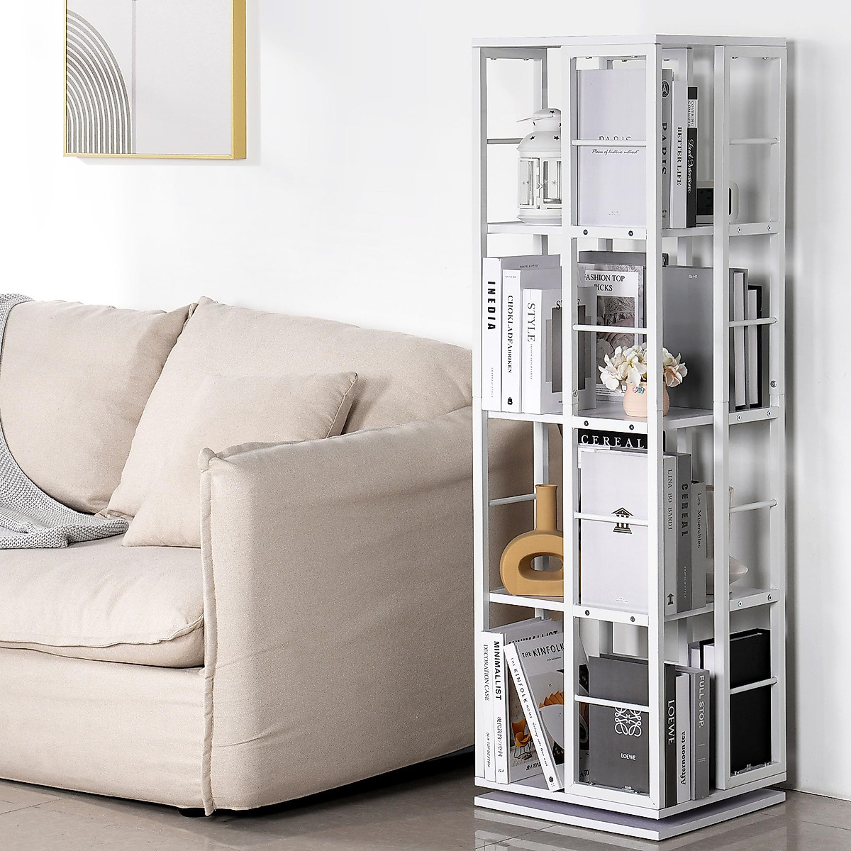 Rengue Rotating Bookshelf, 4-Tier 360 Revolving Bookcase Spinning Bookshelf Square Corner Bookshelf Organizer Storage Rack for Small Space,Bedroom, Study Room, White