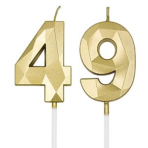 49th & 94th Birthday Candles for Cake, Gold Number 49 94 3D Diamond Shaped Candle Birthday Decorations Party Supplies for Women or Men