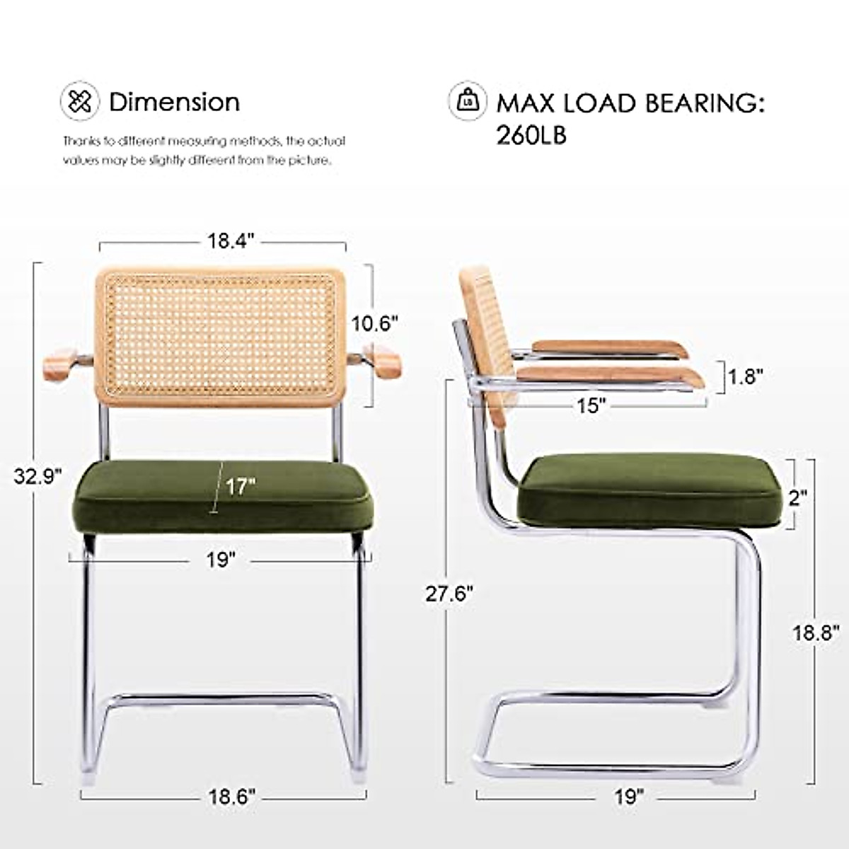 Zesthouse Rattan Dining Chairs with Arms, Mid-Century Modern Dining Chairs Set of 2, Accent Chairs with Metal Chrome Legs and Armrest, Velvet Upholstered Cane Armchairs for Living Room, Kitchen,Green