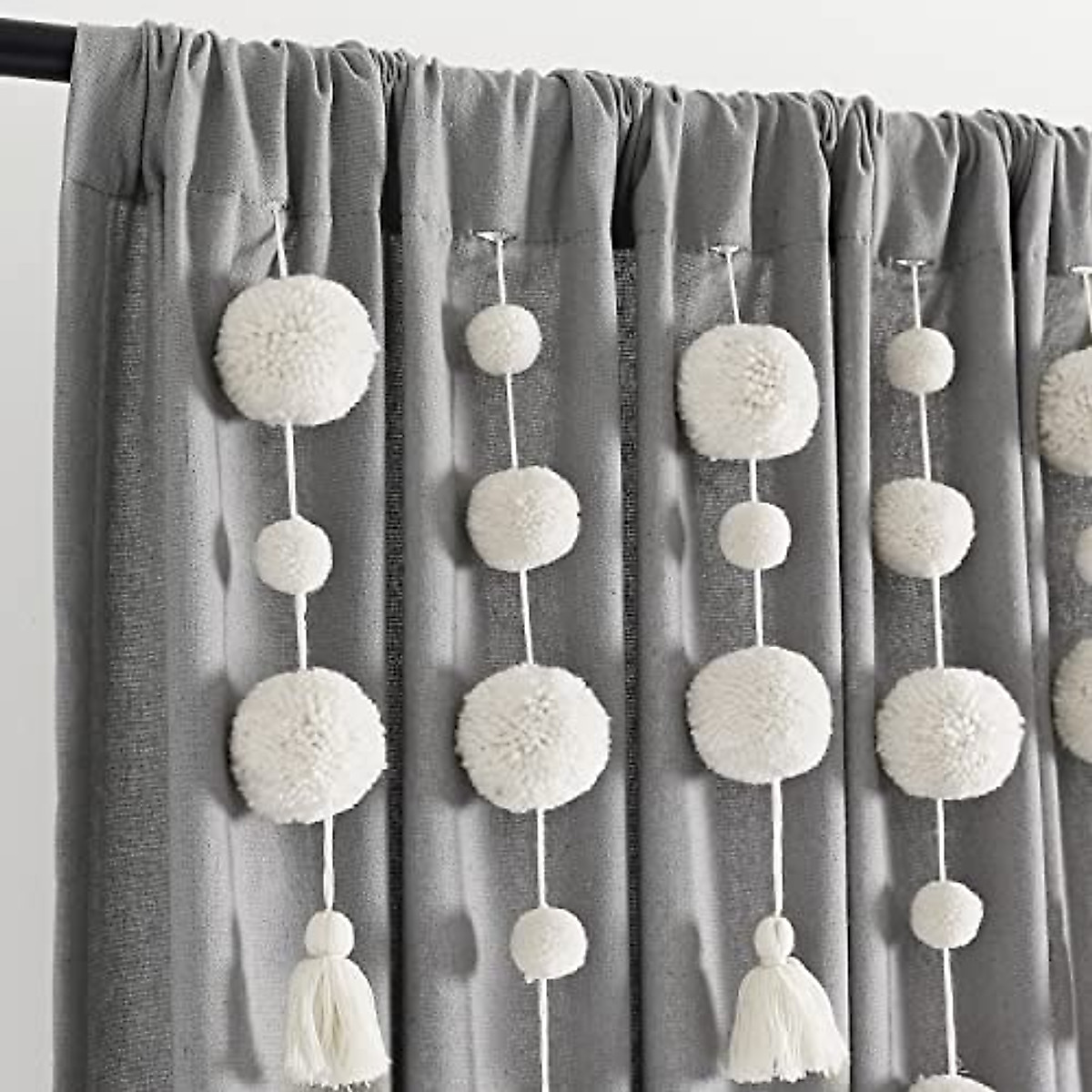 Lush Decor Boho Pom Pom Tassel Linen Window Curtain Panel (Single Panel), 84" L x 52" W, Dark Gray