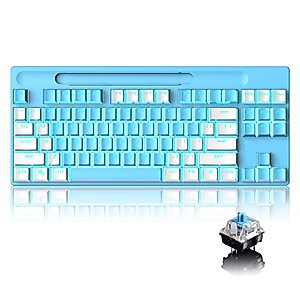 Bluetooth Mechanical Gaming Keyboard with Multi Backlit 87Key Anti-Ghosting Ergonomic Wired/Wireless 2.4Ghz USB Receiver Rechargeable 3300mAh Battery for PC Mac Gamer Typists (Blue White/Blue Switch)