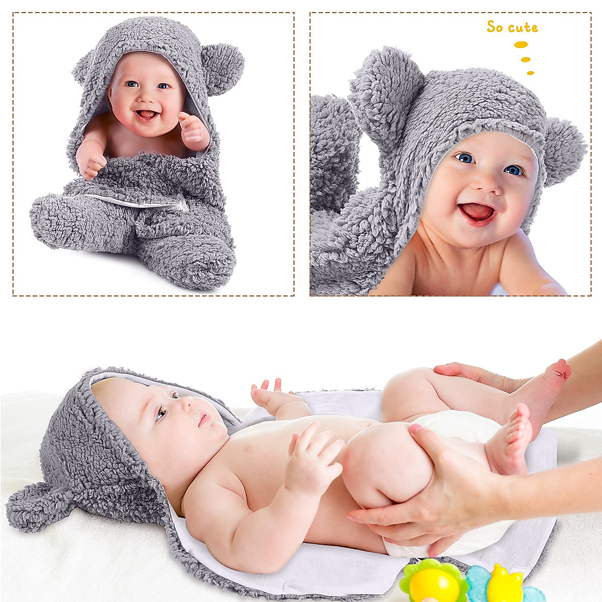 Tatuo 2 Set Newborn Plush Swaddle Blankets Cute Swaddle Hooded Swaddle Blanket Baby Boys Girls Receiving Hooded Sleeping Bag Infant Sleep Swaddling (Blue, Gray)