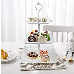 Doryum Three Tiers White Cake Display Stand with Fittings, Plastic Square Cake Stand Display Fruit Plate, Dessert Stand, Cupcake Stand Party Serving Platter Stand for Birthday Weeding Party
