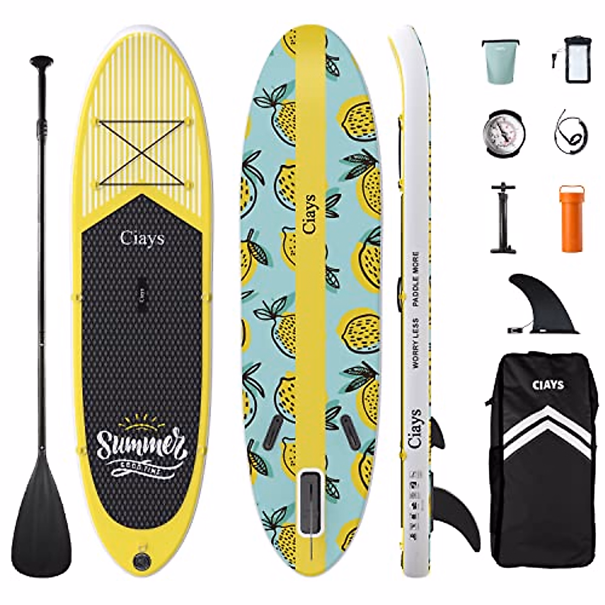 Ciays Inflatable Paddle Board with SUP Accessories of Backpack, 1 Fins, 2 Bags, Leash, Adjustable Paddles, Waterproof Bag, and Hand Pump, 10’5x30’’x6’’ Stand Up Paddleboard Yellow