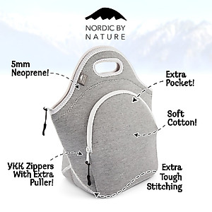 Insulated Large Neoprene Lunch Bag For Women, Men & Kids | Extra Pocket | 5 mm Insulation | 13.5” Big | Washable | Soft Designer Cotton | Best YKK Zipper In The World | LightGrey Lunch Box