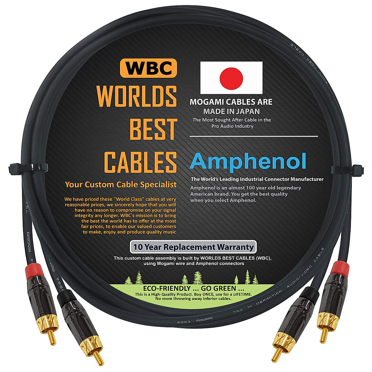 WORLDS BEST CABLES 4 Foot – High-Definition Audio Interconnect Cable Pair CUSTOM MADE using Mogami 2964 wire and Amphenol ACPL Black Chrome Body, Gold Plated RCA Connectors