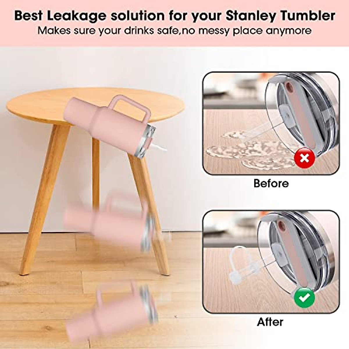 3Pcs Spill Proof Stopper Silicone for Stanley Cup 2.0 40oz/30oz Tumbler Leakproof Water Bottle Sealing Accessories with Round Top Leak Proof stopper Plug & Square lid anti-leak Stopper,Straw Cap Cover