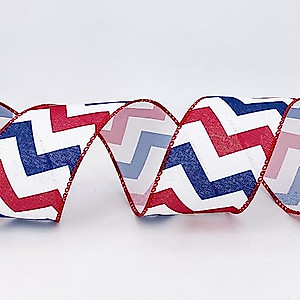 Leecogo Ribbon Wired,2 1/2”x10 Yard,Red Blue White Waves Ribbon for Easter,Independence Day,Christmas,Wreath,Spring,Summer,Wedding,Baby Shower,Birthday